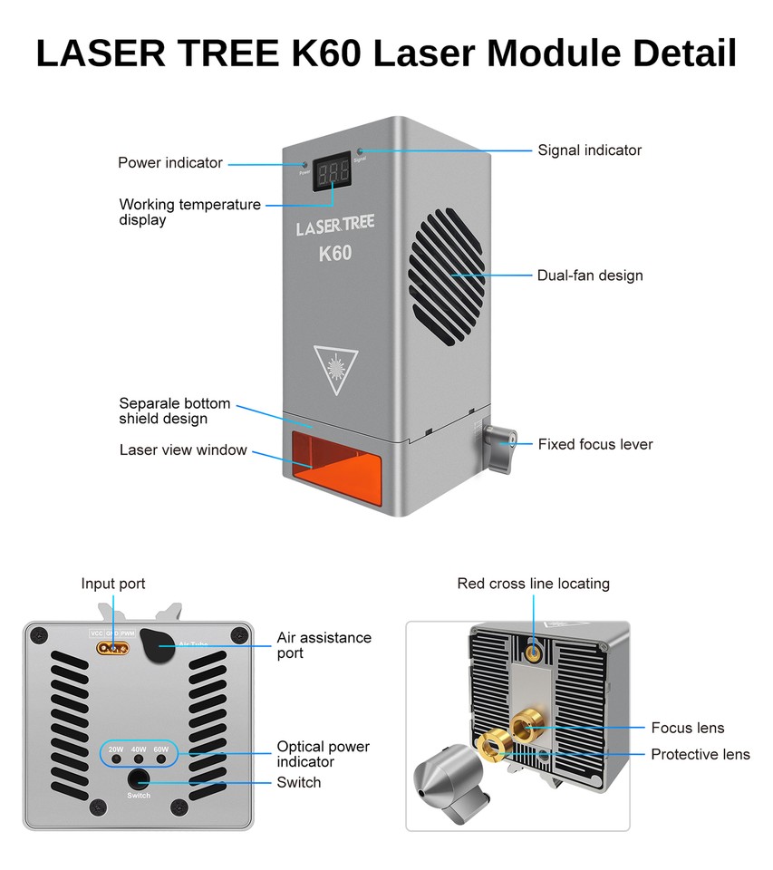 Upgrade 60W LASER TREE K60 Laser Module Head for Laser Engraving and ...