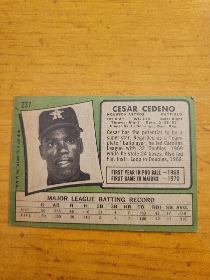 1971 Topps Baseball Set-Break #237 CESAR CEDENO Rookie - Houston ASTROS ...