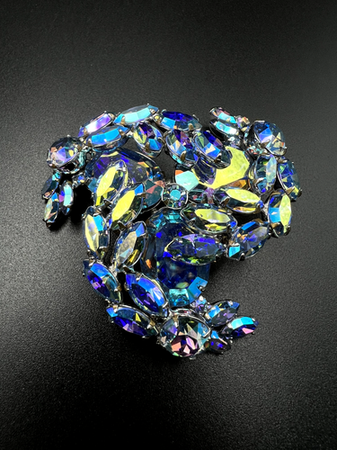Vintage Signed SHERMAN Glittering Blue AB Rhinestone In Prongs Brooch ...