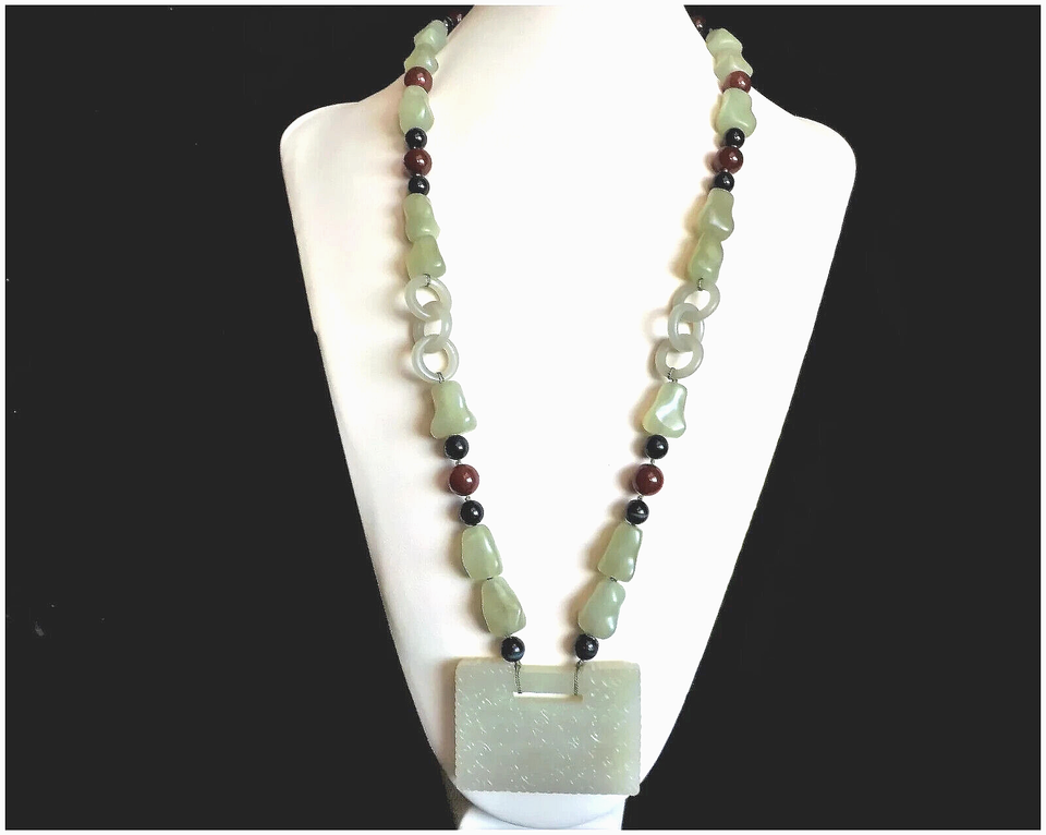 Chinese Jade Pendant, Devil's Work Jade, Carnelian, Blue Tiger's Eye ...