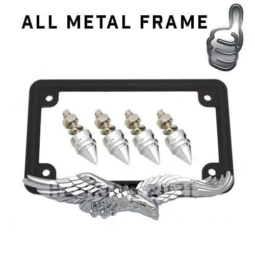 ALUMINUM SPIKE & 3D CHROME EAGLE BLACK MOTORCYCLE LICENSE PLATE FRAME ...