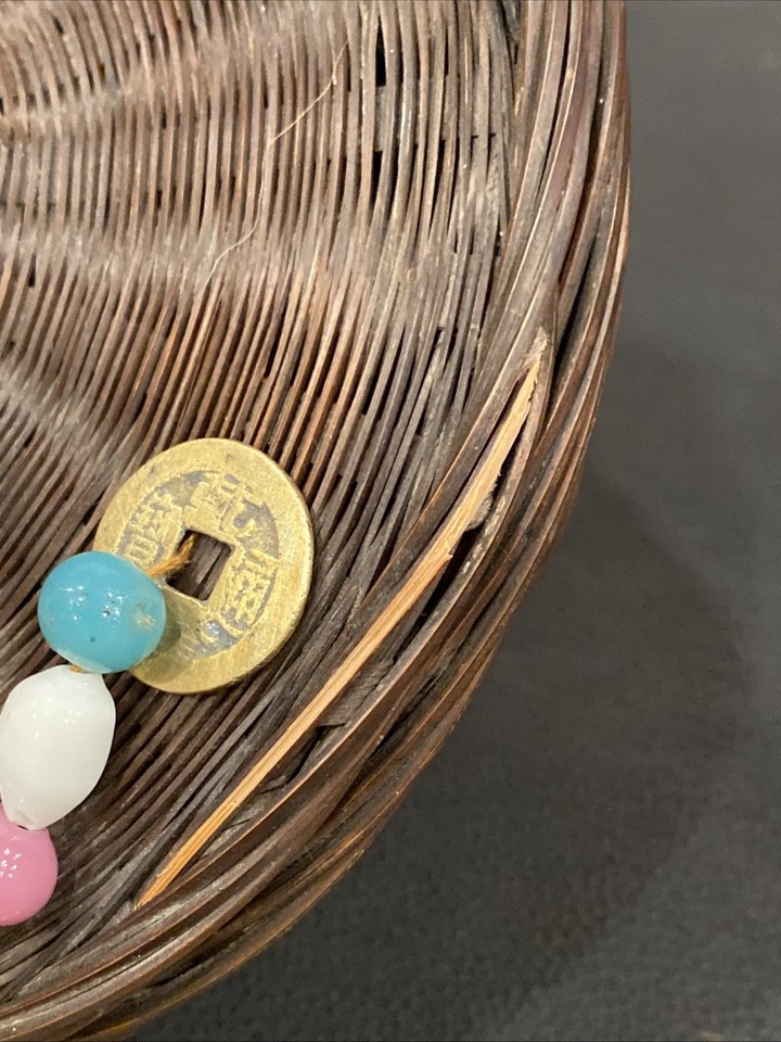 Antique Chinese Woven Sewing Basket Coins Color Glass Beads Rounded ...