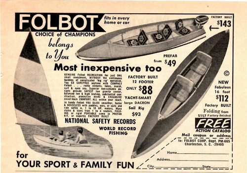 1965 Print Ad Folbot Corp folding Boats Gactory Built Prefab 12 Footer ...