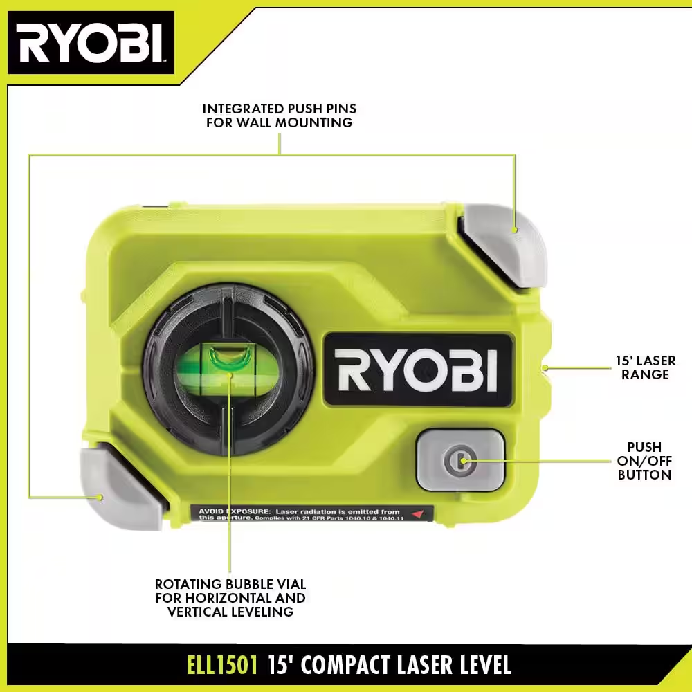 NEW Compact Red Laser Level 15ft Range Push Pins for Wall Mounting ...