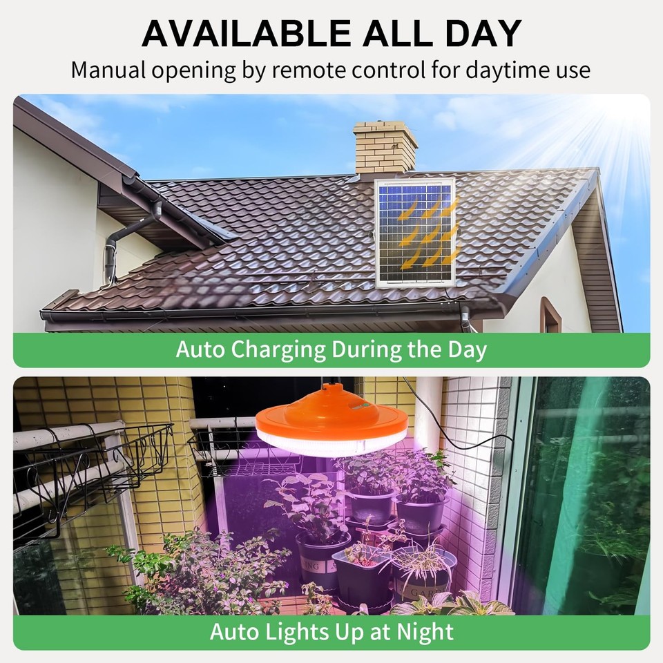 Solar Plant Grow Light Outdoor Indoor Run Day/Night, 96 LED Full ...