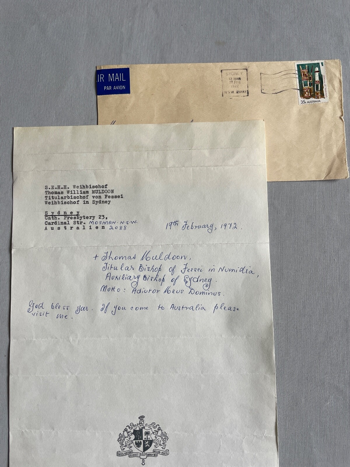 THOMAS WILLIAM MULDOON († 1986) Bishop of Sydney, Australia signed ...