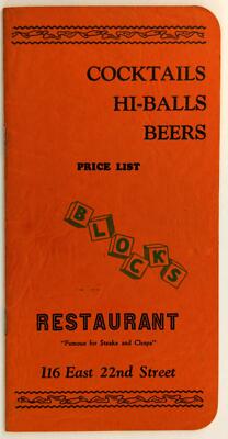 1930's Original Cocktails Beer Wine Menu Block's Restaurant Chicago ...