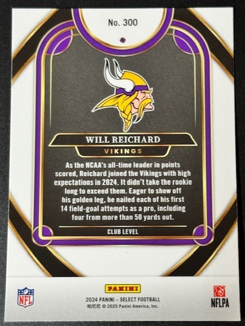 Will Reichard 2024 Panini Select Football - Minnesota Vikings #300 (RC ...