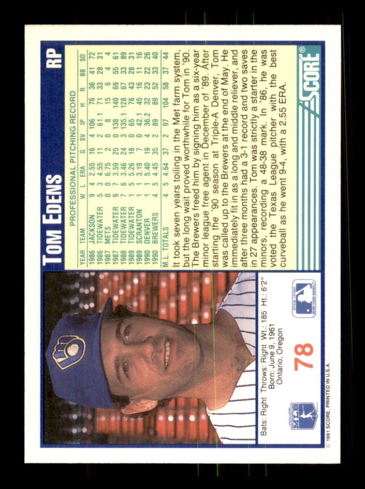 1991 Baseball Score Tom Edens Milwaukee Brewers #78 RC | eBay