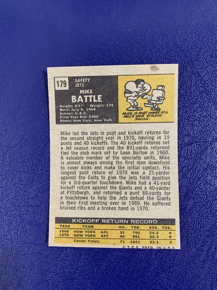 1971 Topps Football #179 Mike Battle - New York Jets - Sharp High End ...