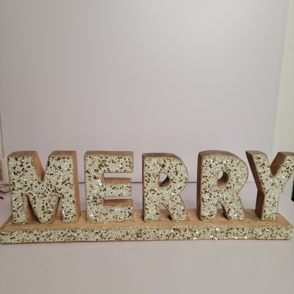 MERRY Wood Sign Beaded White Gold CHRISTMAS FESTIVE Sparkle 17 Inches ...