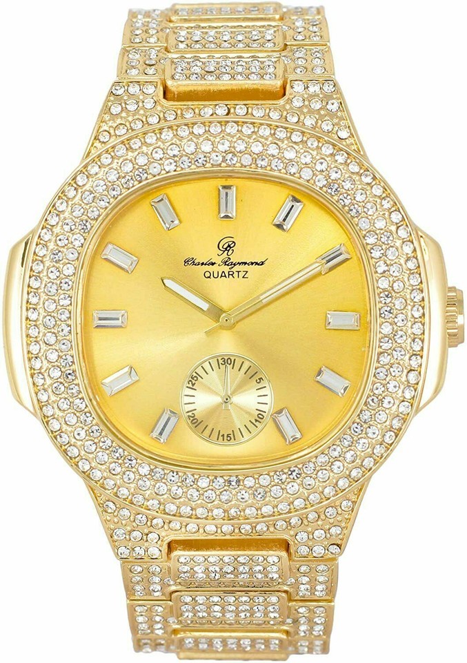 MEN HIP HOP GOLD TONE LUXURY SIMULATED DIAMOND WATCH & ICED CUBAN ...