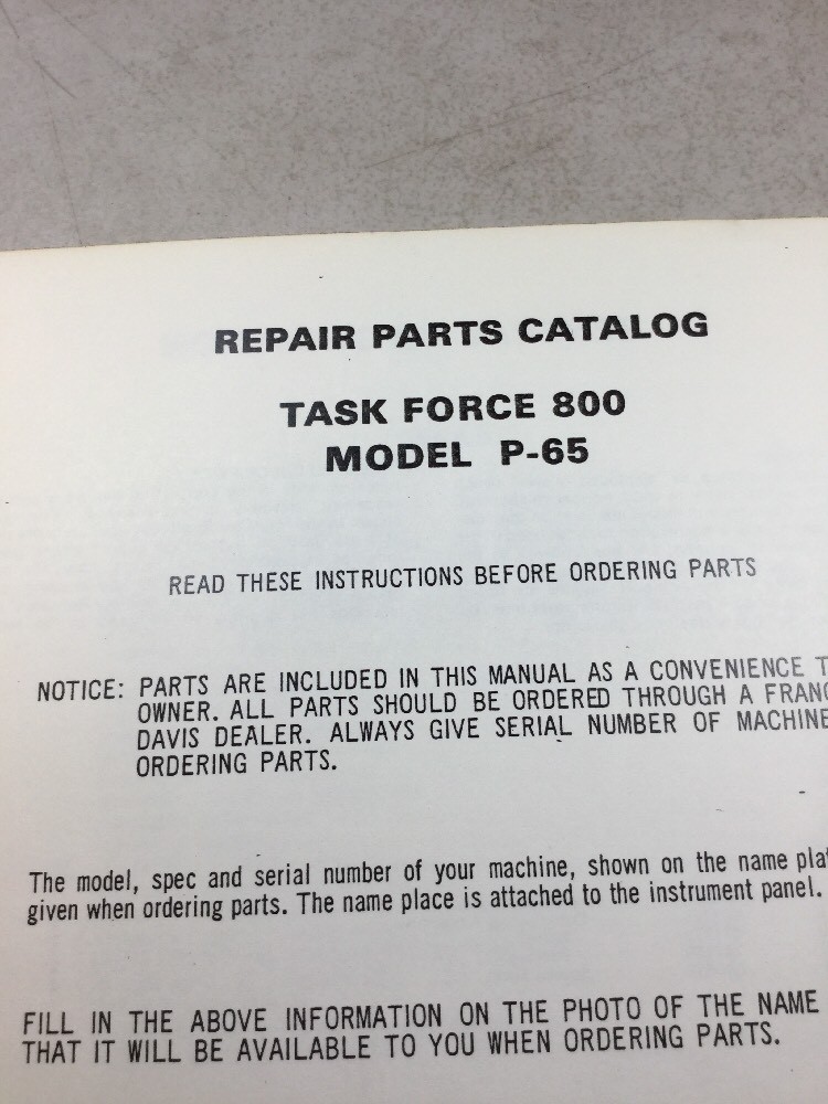 Davis Task Force 800 Model P65 Trencher Parts Catalog | eBay