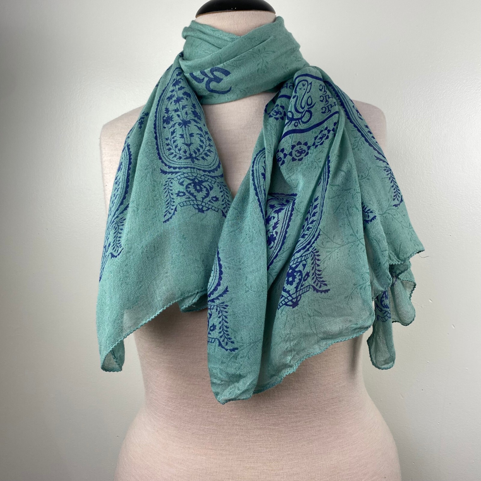 Buddhist Green & Blue Mandala Elephant Scarf 70" X 38" - Gem