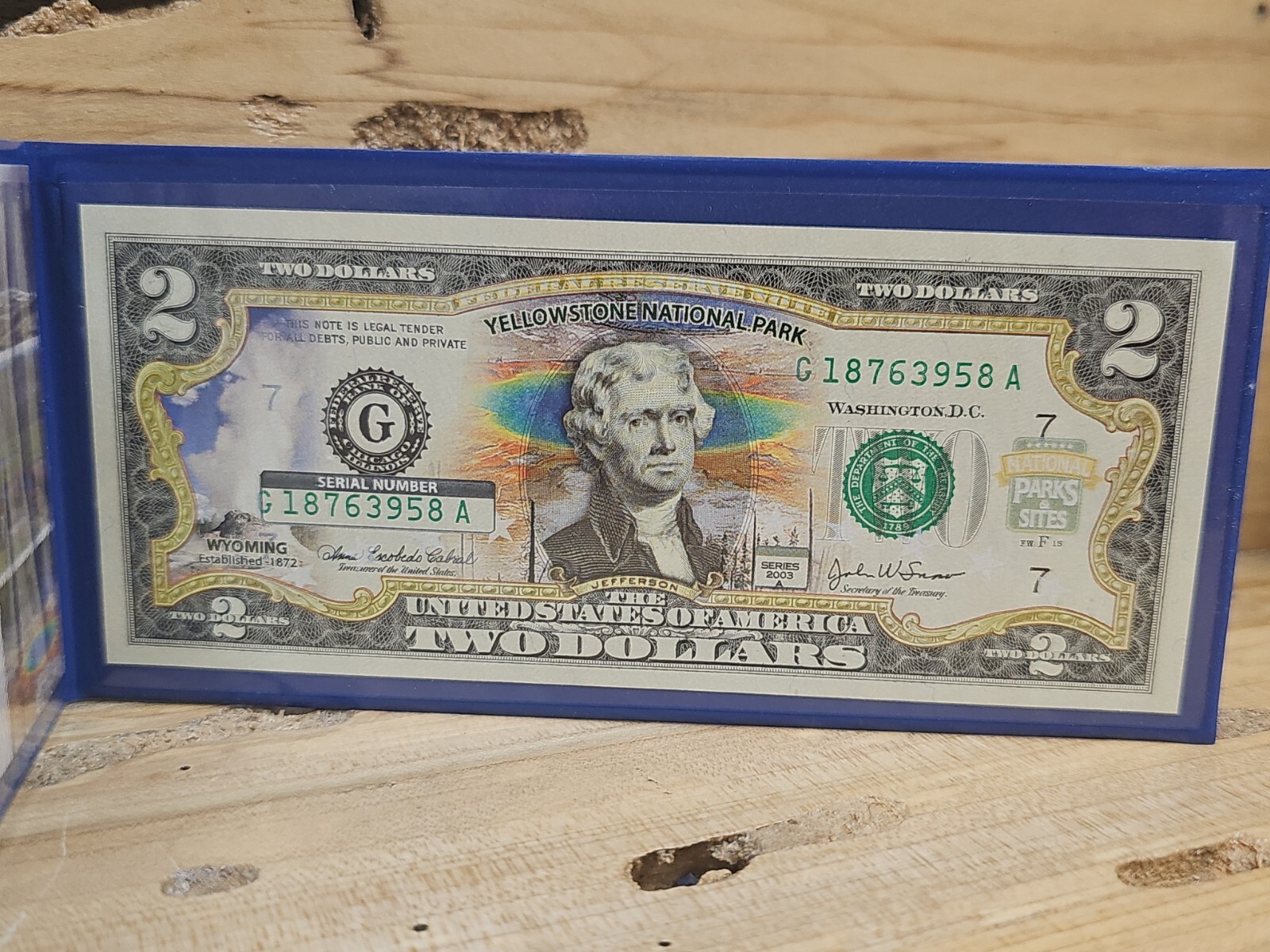 US 2003 A $2 Dollar Bill Colorized National Parks Yellowstone Wyoming ...