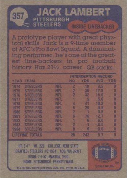1985 Topps Jack Lambert #357 for sale | eBay