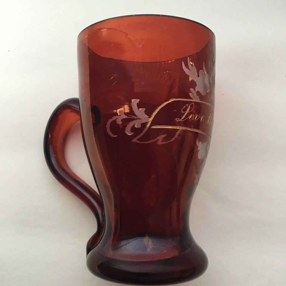 Antique Ruby Stained Glass Cup Mug Etched "Love the Giver" Floral ...