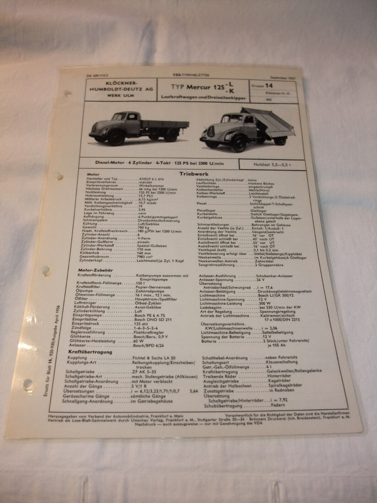 VDA-Typenblatt Oldtimer Datenblatt Klöckner Humboldt Deutz Mercur 125 ...