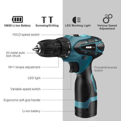 16.8V Cordless Comb Hammer Impact Drill Driver Electric Screwdriver & 2 ...