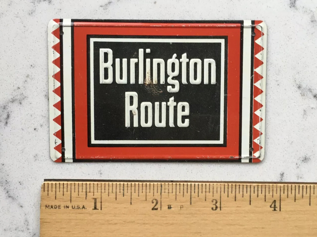 VINTAGE RAILROAD TIN METAL MINIATURE ADVERTISING SIGN BURLINGTON ROUTE ...
