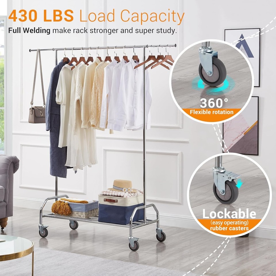 Heavy Duty Moving Rolling Adjustable Mobile Clothing Rack Hanging ...
