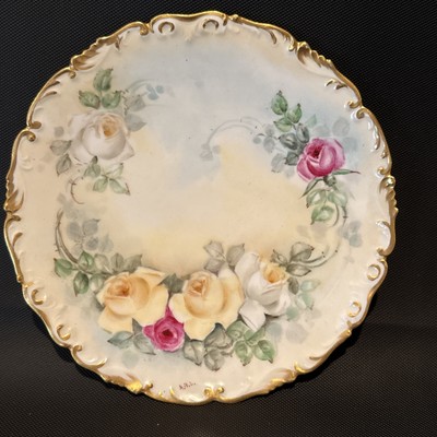 T&V Limoges Plate Hand Painted Tri Color Roses Gold Edging-Made In ...