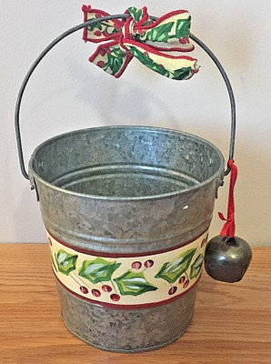 Metal Christmas Holiday Decorative Pail Water Bucket w/painted Holly ...