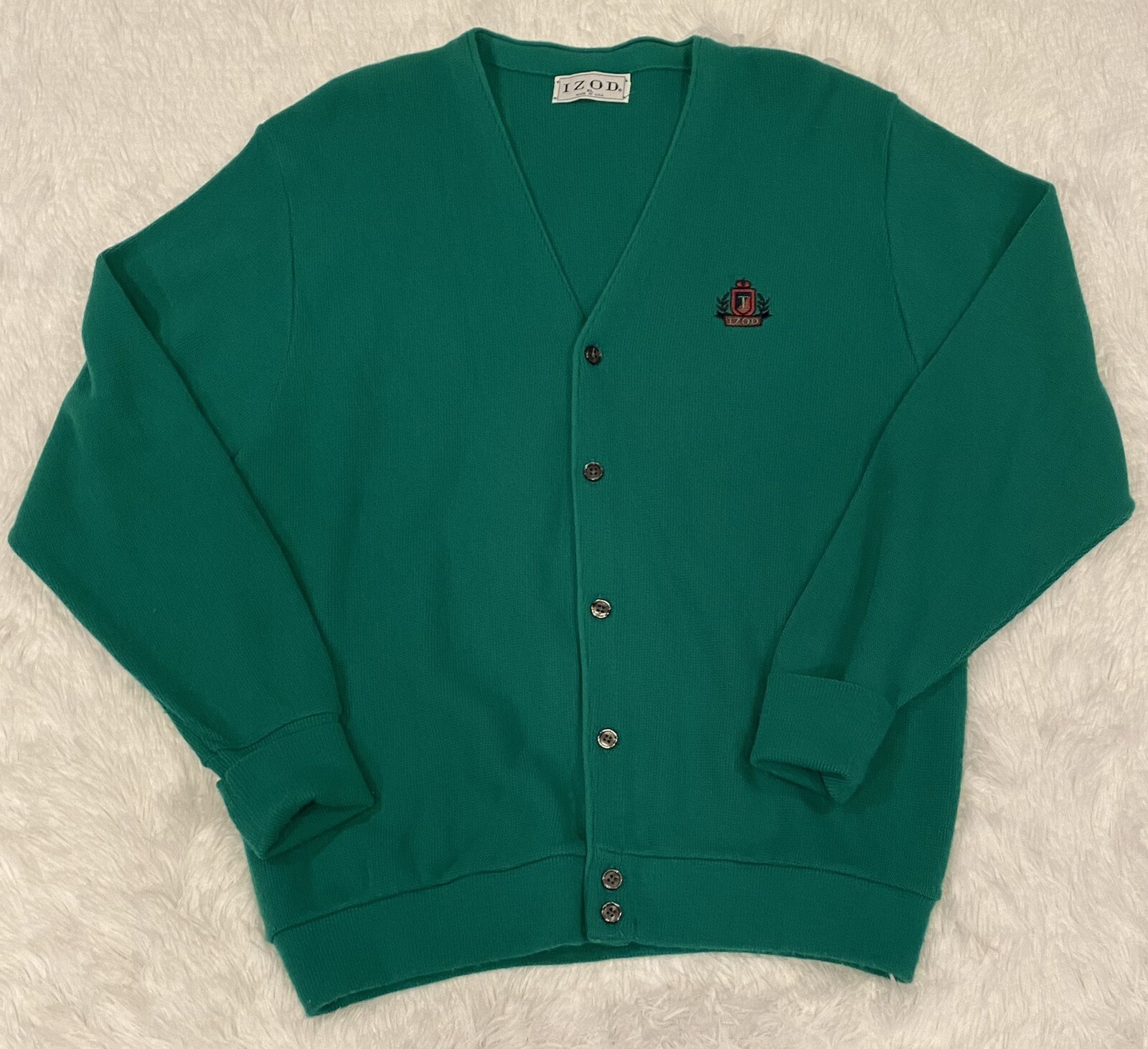Vtg Izod Green Grandpa Cardigan Sweater Mens XL Crest Patch Acrylic USA ...
