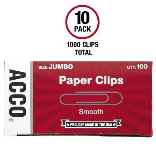 ACCO Paper Clips, Jumbo, Smooth, 100 Clips/Box, 10 Count (Pack of 1 ...