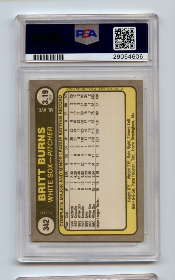 1981 Fleer Britt Burns FINGER Error Card RC PSA 10 GEM MINT Population ...