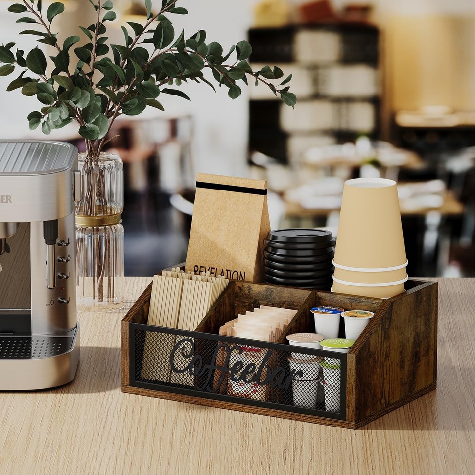 Coffee Station Organizer for Countertop Wood Bar with Removable ...