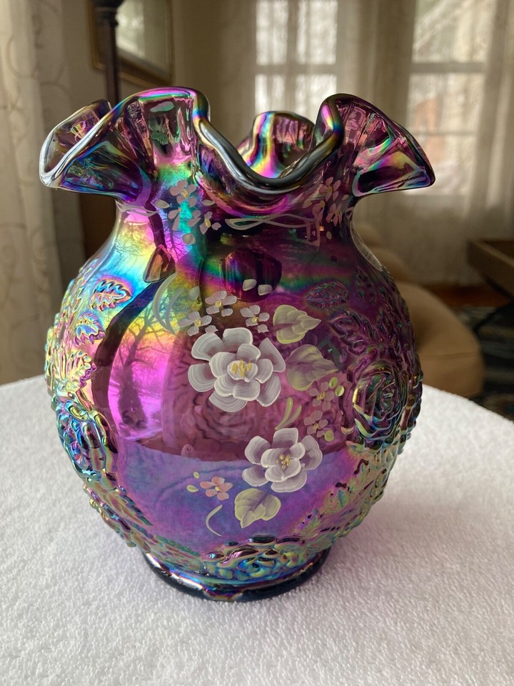 Fenton Plum Carnival Embossed Hand Painted D. Cutshaw Vase | eBay