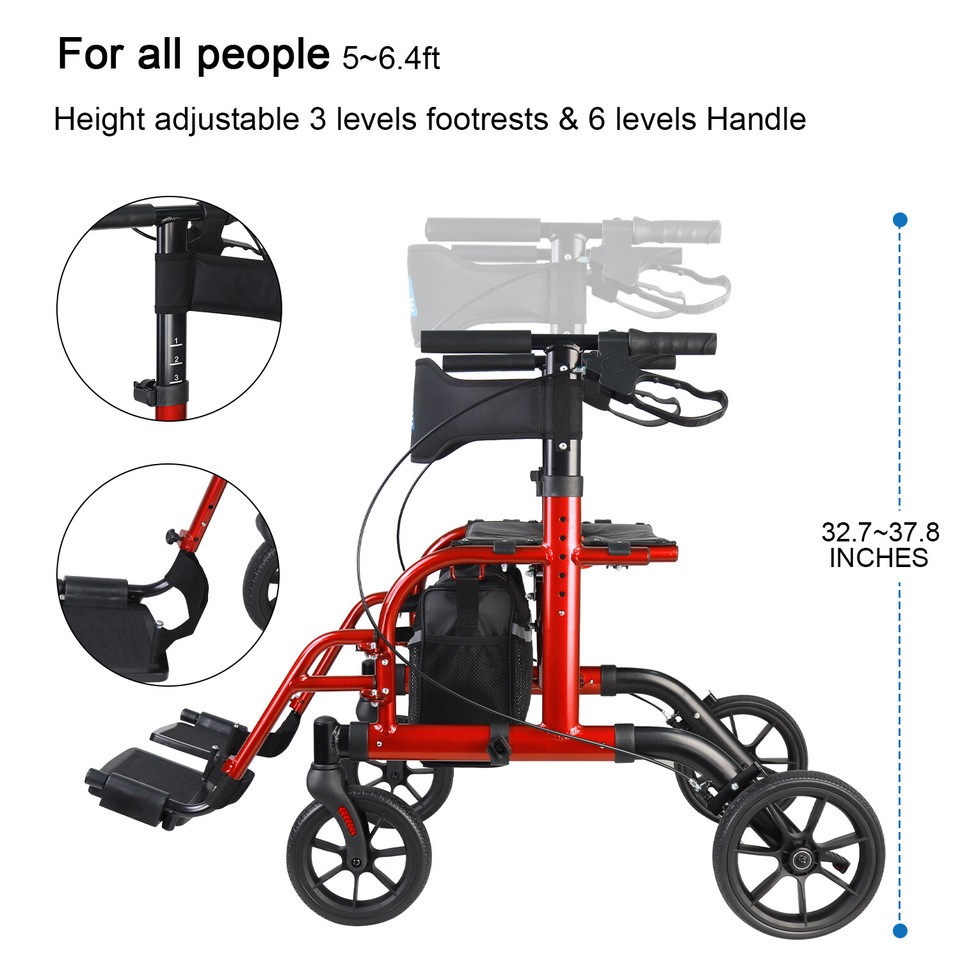 Adjustable 2 in 1 Medical Rollator Walker Folding 10” Wheels Transport ...