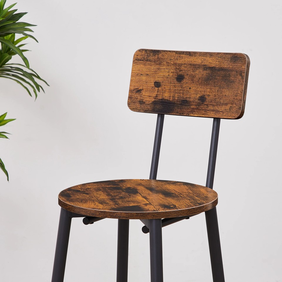 Rustic Brown Round Bar Stool Set with Backrest & Shelves | eBay