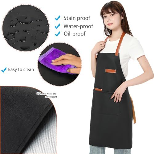 Waterproof Apron Chef Aprons for Women Men with Two Pockets PU C-black ...