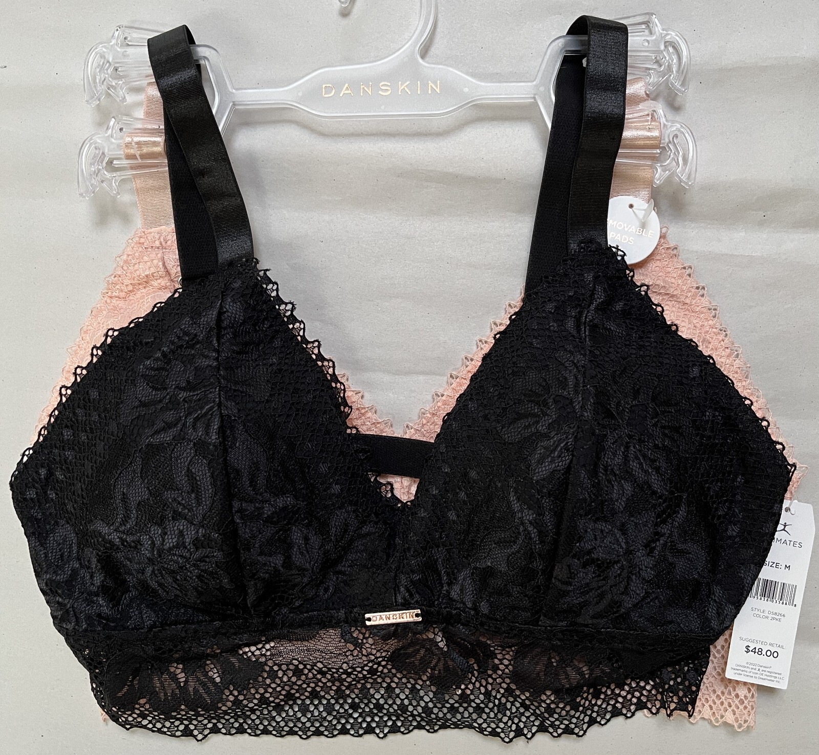 NWT DANSKIN WIRE-FREE REMOVABLE PADS 1 BLACK 1 PEACH LACE BRALETTE ...
