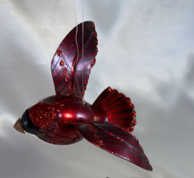 Flying Red Cardinal Bird Ornament Glitter Accents 4”L Plastic w/ Floral ...