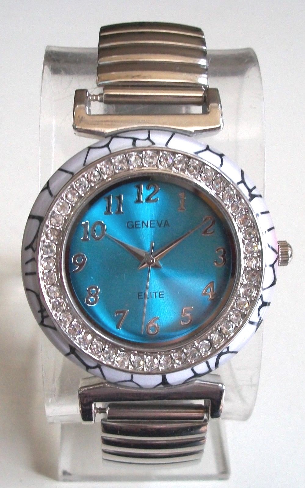 Women's Stretch Band Fashion Blue Number Dial Silver Finish Rhinestone ...