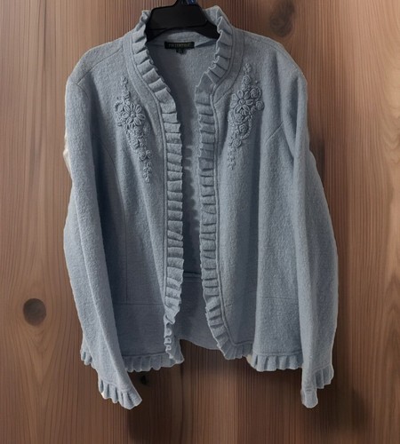 For Cynthia Light Blue Wool Cardigan Sweater Jacket Ruffled Embroidery ...