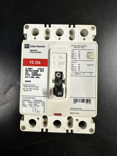 EATON Cutler Hammer 50 AMPS CIRCUIT BREAKER 600 VAC / 3 POLES / FD 35k ...