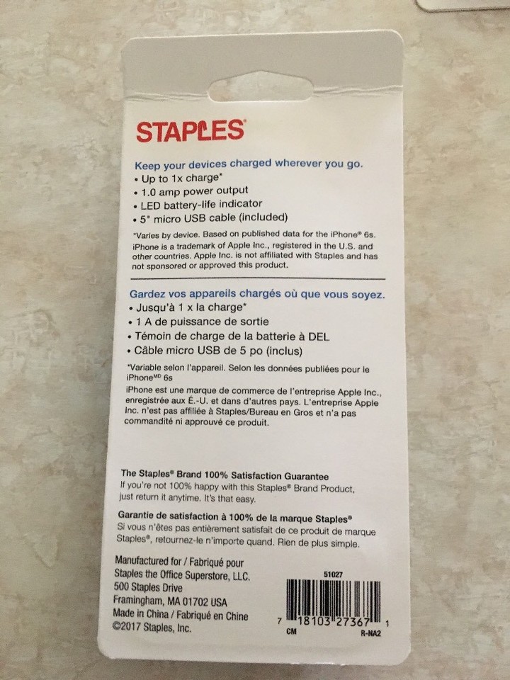 Staples Power Bank 2600 mAh with charge usb cord NIB SILVER precharged ...