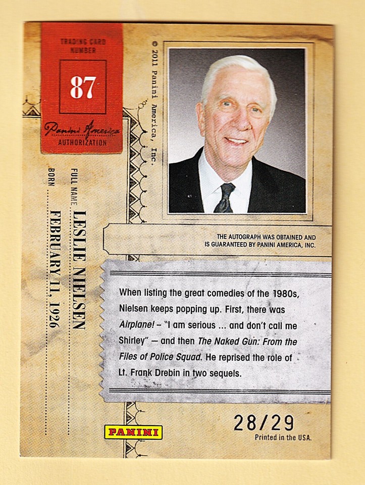 LESLIE NIELSEN 2011 PANINI AMERICANA GREEN PRIVATE SIGNINGS 28/29 | eBay