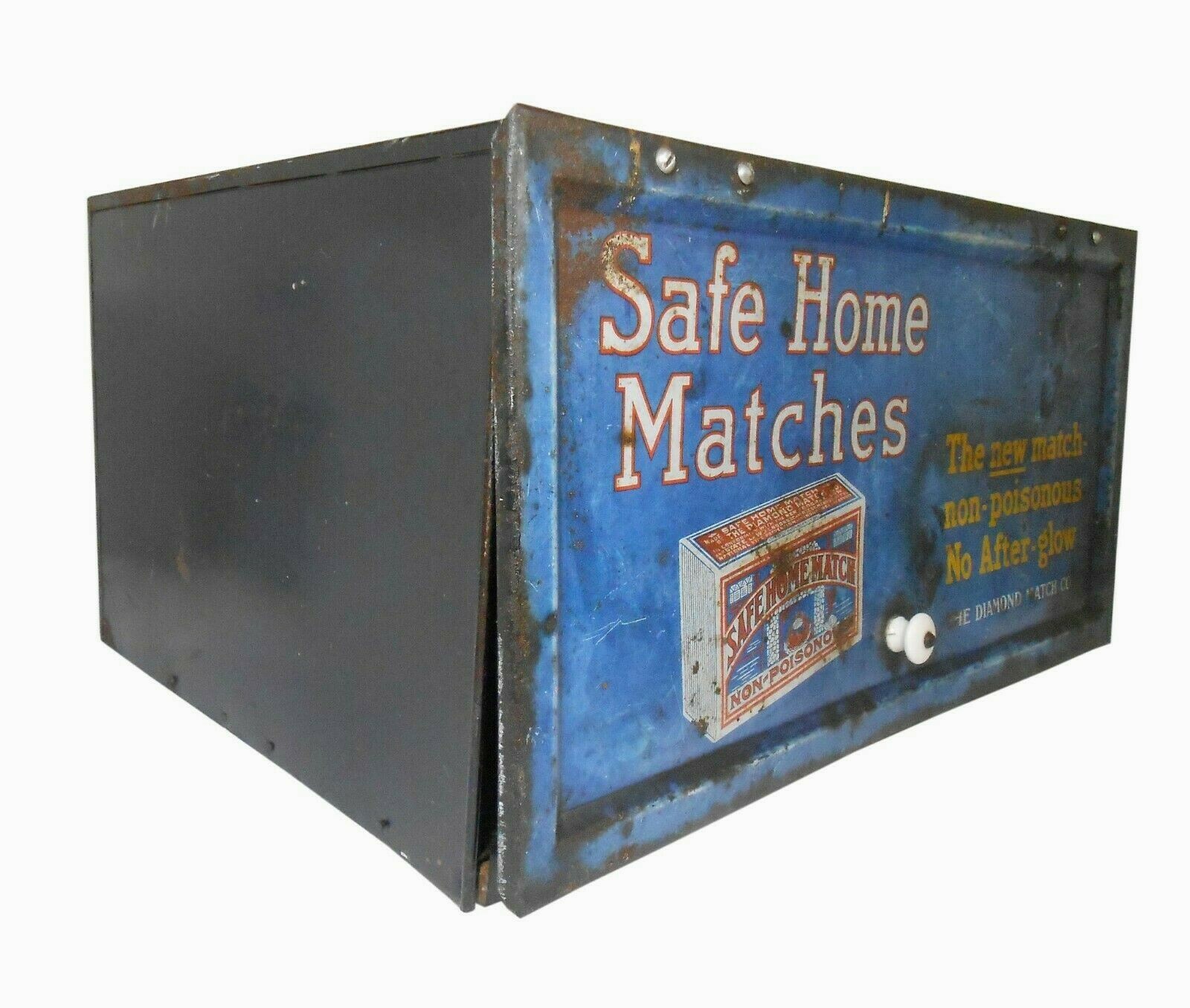 SAFE HOME MATCHES VINT LG LITHO'D ENML TIN STORE DISPLAY AD BOX W/HNGD ...