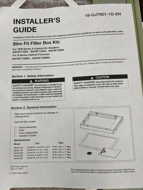 American Standard / Trane 23.5" Slim Fit Filter Box Kit BAYSF1235BAA ...