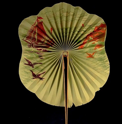 Ancien éventail publicitaire bois papier PLV SODA L.M. Mer voilier ...