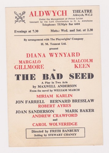PROGRAMME THE BAD SEED, ALDWYCH THEATRE MAXWELL ANDERSON FRITH BANBURY ...