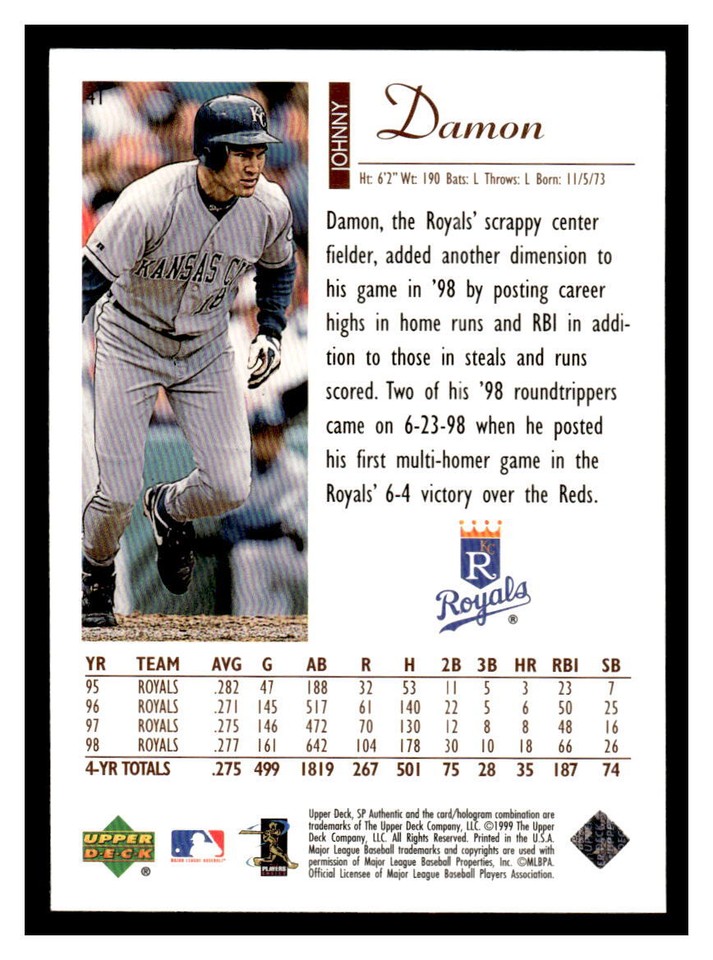 1999 SP Authentic #41 Johnny Damon - Kansas City Royals | eBay