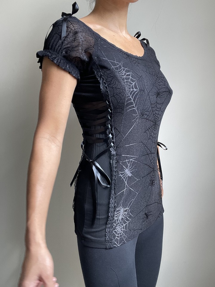Lost Queen Goth Emo Spooky Spider & Spiderweb Black Mesh Lace up Top | eBay