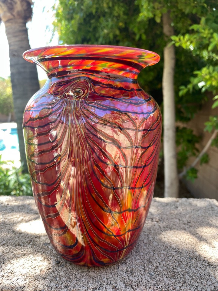 David Tate Art Glass Swirl Pulled Feathered Vase 8" Hand Blown 2009 | eBay