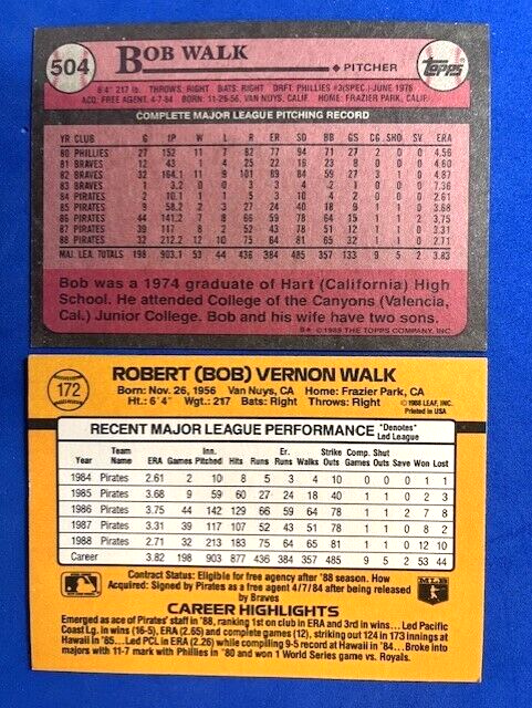 MLB - Bob Walk 1989 Topps & 1989 Donruss Baseball - Pirates | eBay
